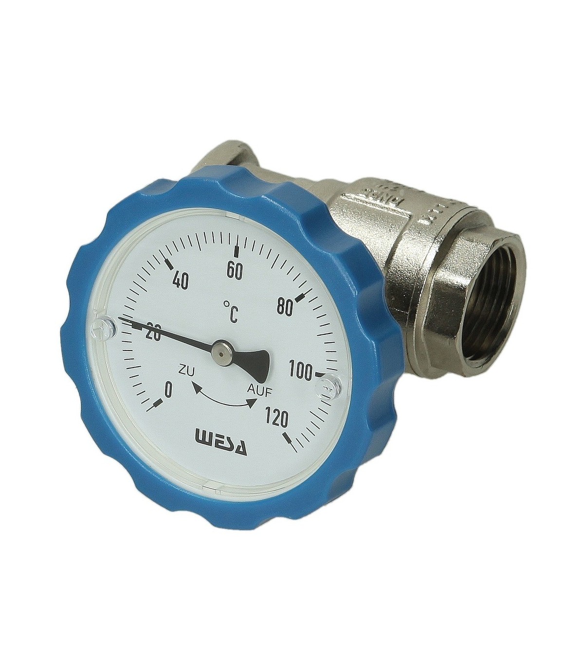 WESA-ISO-Therm ball valve p. pump 1’ skb, with blue thermometer handle